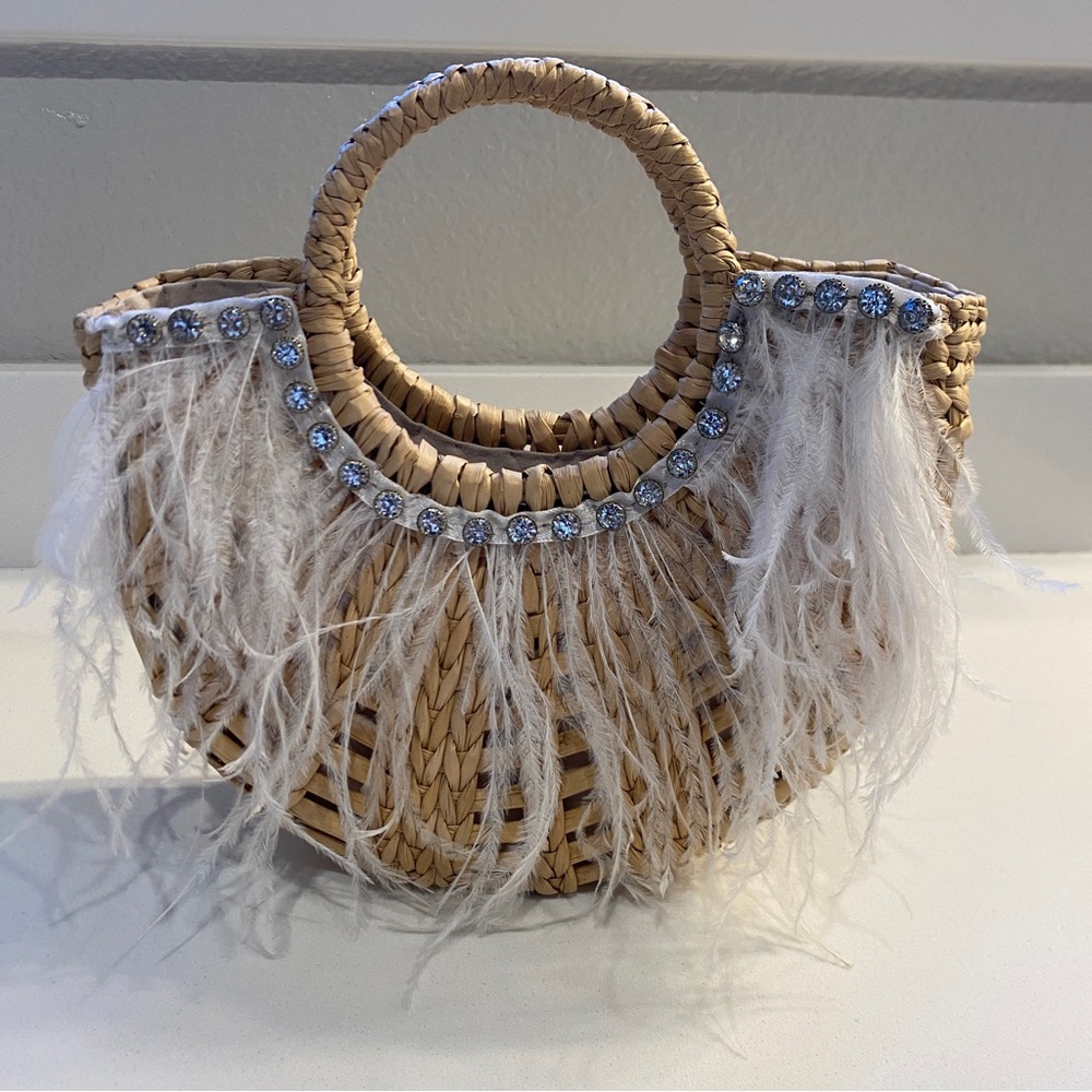 Poolside Mini Holly Feather Straw Bag - Gem